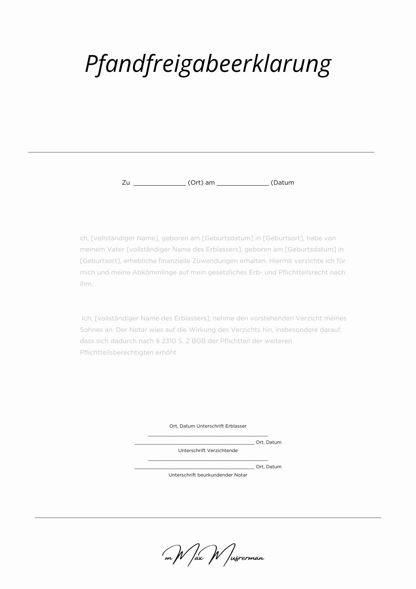 Pfandfreigabeerklärung - Vorlage Muster